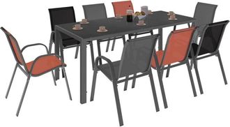 IDMarket Salon de jardin MADRID table 190 cm et 8 chaises empilables mix color gris, noir et terracotta
