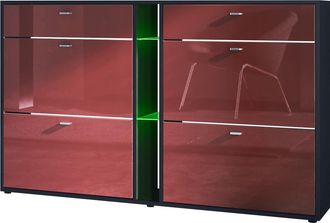 Vladon Schuhschrank Schuhkipper Today 155,5 x 95 x 28 cm, mit RGB LED Beleuchtung, Made in Germany, Korpus in Schwarz matt, Fronten in Bordeaux Hochglanz