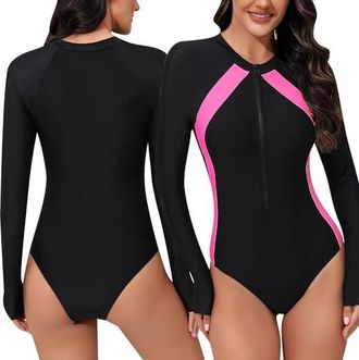 Feoya Femmes Anti-UV Maillot de Bain Une Pièce Zippé Combinaison de Surf Maillot de Bain Manches Longues Costume de Bain Natation Sport Piscine Plage Rose X