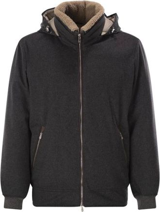 Brunello Cucinelli Blouson &agrave; capuche en laine et shearling - Homme - Vestes - Bleu - Taille: XL