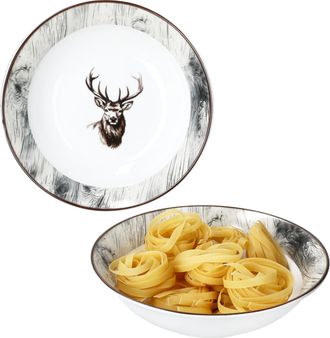 MamboCat Alois 2er Set Servierschalen Ø23cm I 1L I weiße hohe Schüssel aus Porzellan mit Hirsch-Dekor & Holz-Optik für Kartoffeln, Knödel, Gemüse, Dessert, Sup