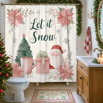 Generic Weihnachtsmann-Duschvorhang, Weihnachtsstern, Weihnachtsbaum, Winter, rot, waschbar, mit Haken, Krallenfuß, Badewanne, Duschvorhänge für Zuhause, Bade