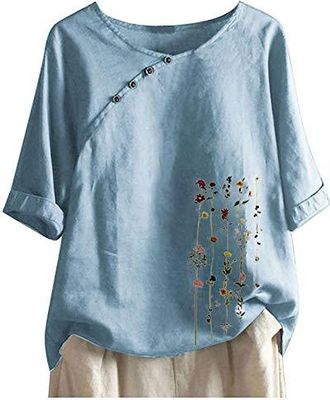 Generic Chemisier en lin pour femme &agrave; manches longues m&eacute;di&eacute;vales - Chemise en lin pour femme - Grande taille - Chemisier d&eacute;t&eacute; en mousseline - Col rond - Grand