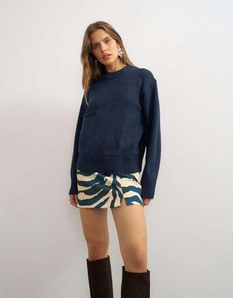 Topshop pull en maille col rond avec poche avant bleu nuit-Bleu marine