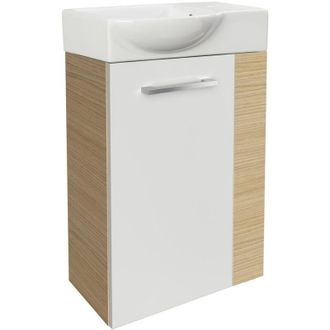 Fackelmann B. style sbc G&auml;ste-WC Set 2 Teile - Waschtischunterschrank Wei&szlig; mit Holz Braun mit Waschbecken Keramik - Waschbeckenunterschrank schmal - T&uuml;ranschlag