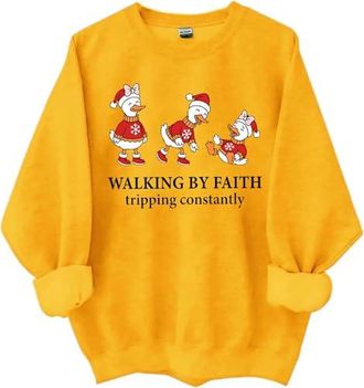 Generic Walking By Faith Tripping Constantly Sweat-shirt de Noël Walking By Faith Chemises pour femme, pull inspirant, jaune, 3XL