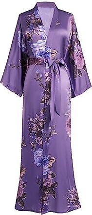 Babeyond Robe de chambre tr&egrave;s longue en satin pour femme, kimono d&eacute;t&eacute; &agrave; motif floral, long peignoir kimono imprim&eacute;, pour soir&eacute;e pyjama entre filles, taille uni
