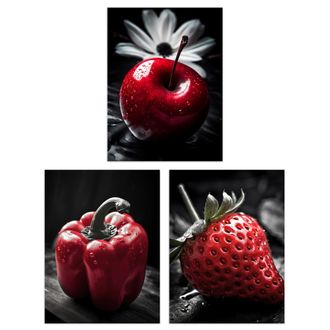Artery8 Set of 3 A4 Red Apple Pepper Strawberry on Black and White Photograph Kitchen Artwork Unframed Wall Art Living Room Poster Prints Pack