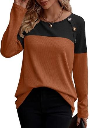Zeagoo T-shirt à manches longues pour femme - Col rond - Décontracté - Bloc de couleurs - Automne - Léger - En maille gaufrée - Tunique basique avec boutons 