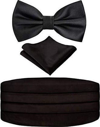 Alizeal Lot de Noeud Papillon & Mouchoir & Ceinture Abdominal en Satin pour Homme-Noir