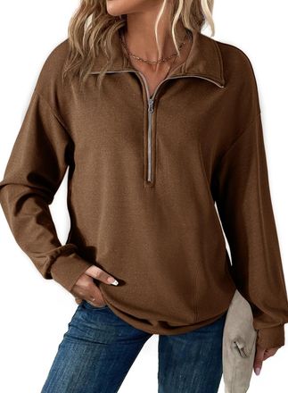 Dokotoo Pullover Damen Sweatshirt Ohne Kapuze Herbst Langarm 1/4 Rei&szlig;verschluss V-Ausschnitt Oberteile L&auml;ssig Locker Tunika Tops Einfarbig Waffel Stricken Obe
