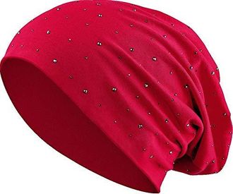 Balinco Jersey Coton &eacute;lastique Long Slouch Beanie Unisexe Hommes Femmes avec Strass Pierres &eacute;toile Casquette Heather en 35 Couleurs diff&eacute;rentes (7) (Dark Red)