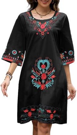 JD Williams Robe boh&eacute;mienne &agrave; manches 3/4 pour femme - Style folklore - Broderie florale - Col rond - Vintage - Robe d&eacute;contract&eacute;e pour femme, L