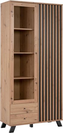 MID.YOU Mid.you Vitrine, Anthrazit, Eiche Artisan, Glas, Holzwerkstoff, 8 F&auml;cher, 2 Schubladen, 92x198x40 cm, Wohnzimmer, Wohnw&auml;nde, Vitrinenschr&auml;nke