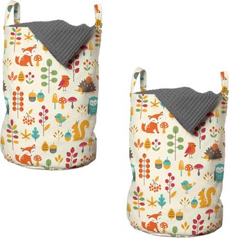 Abakuhaus Kinder Wäschesack 2er Pack, Owl Fox-Eichhörnchen Vögel, Wäschekorb mit Griffen und Kordelzugverschluss, Zweierpack 33cm x 50cm,Mehrfarbig Orange