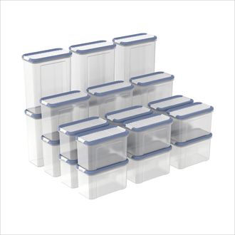 Rotho DOMINO 24-Set Vorratsdosen, Streu- & Sch&uuml;ttdose mit dicht schlie&szlig;endem Deckel, sp&uuml;lmaschinengeeignet, transparent/blau