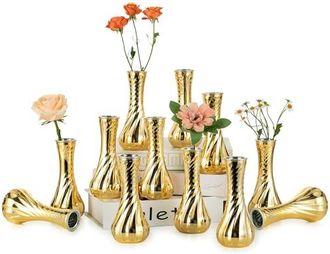 Nuptio Lot de 12 petits vases à fleurs en verre doré pour centre de table de fête de mariage - Vase nervuré vintage pour décoration de maison, anniversaire, 