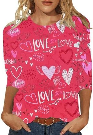 Generic T-shirt &agrave; manches trois-quarts et col rond pour femme Motif coeur 2026 Saint-Valentin, rose vif, XXL