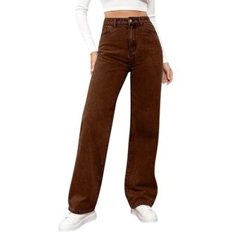 Generic Jean large d&eacute;contract&eacute; taille haute extensible &agrave; jambe droite avec poches pour voyage quotidien, marron, 3XL