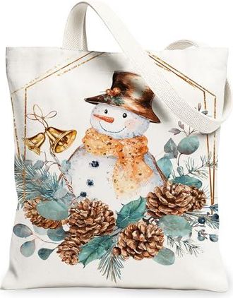 Generic Sac fourre-tout en toile motif bonhomme de neige, joli motif vacances dhiver, sacs de courses r&eacute;utilisables, en coton festif, rustique, l&eacute;ger, lavable