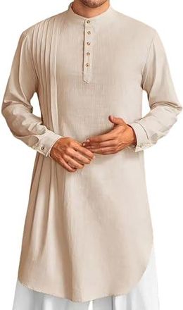 Generic Chemise en coton et lin pour homme, chemises &agrave; manches longues, coupe ample, robe de chambre musulmane, Thobe couleur unie, chemise Henley fendue sur 