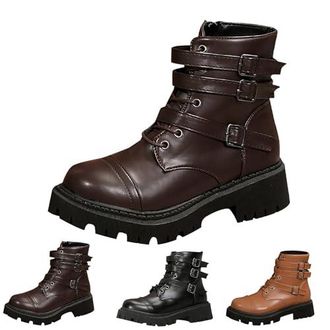 Generic Bottines pour femme avec sangle &agrave; boucle et fermeture &eacute;clair lat&eacute;rale, bout rond &agrave; lacets, bottes courtes punk &agrave; talons bas, bottines de combat confor