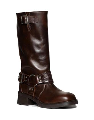 Steve Madden Boneta - Kniehohe Schlupfstiefel aus braunem Leder mit Gurtdetail