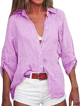 Generic Cache-maillot de plage pour femme, cardigan en coton et lin pour femme, couleur unie, manches 3/4, coupe ample, tunique tendance, polyvalente, boutonn