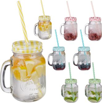 Relaxdays bunt Trinkgläser mit Strohhalm, 8er Set, 400 ml, Gastro, Deckelgläser mit Henkel, Ice Cold Drink Gläserset, Glas, 8 Stück (1er Pack), 10023415