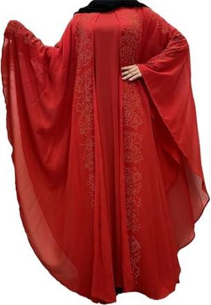 Generic Robe longue pour femme musulmane Abaya Islamique A&iuml;d Turquie Moyen-Orient en mousseline de soie avec strass, Rouge, XL