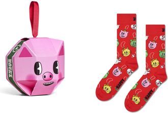 Happy Socks Crew-Socken mit Schweine-Ornament in dekorativer Geschenkbox zum Aufh&auml;ngen - 1er-Pack, Gr&ouml;&szlig;e 36-40
