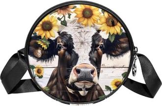 Generic Sac &agrave; bandouli&egrave;re rond pour femme, motif vache et tournesol avec fermeture &eacute;clair et bretelles r&eacute;glables