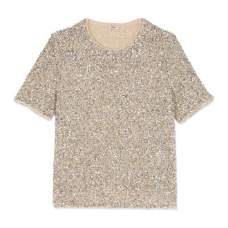 Oltre T&uuml;ll-T-Shirt mit Pailletten - - Tops - Damen - Gelb - XS