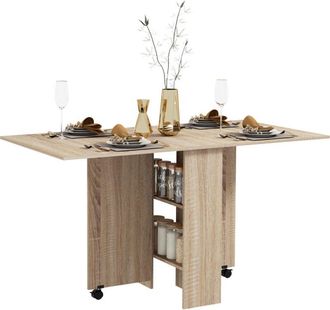 HOMCOM Table à manger pliante mobile sur roulettes avec 2 plateaux rabattables et 2 étagères intégrées - 140 x 80 x 74 cm naturel