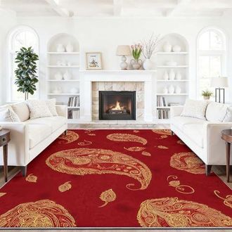 Generic Tapis Motif Traditionnel Motif Cachemire Feuille - 120 x 180 cm Antid&eacute;rapant Doux dint&eacute;rieur Tapis &agrave; Poil Ras pour Salon Chambre Salle de Jeux - Rouge