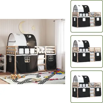 vidaXL Etagenbett mit Vorh&auml;ngen Wei&szlig; & Schwarz 80x200 cm Kiefernholz - Kinderzimmerm&ouml;bel - Hochbett - Etagenbett - Jugendzimmer - Holzbett
