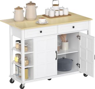 HOMCOM Kücheninsel auf Rädern, klappbare Arbeitsplatte, Küchenwagen mit 2 Soft-Close-Türen, 2 Schubladen, 6 offene Regale, weiß