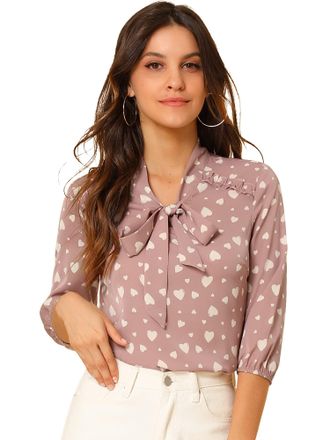 Allegra K Damen 3/4 &Auml;rmel Schluppenbluse Schleife Retro Oberteil Polka Dots R&uuml;schen Elegant Top Rosa S