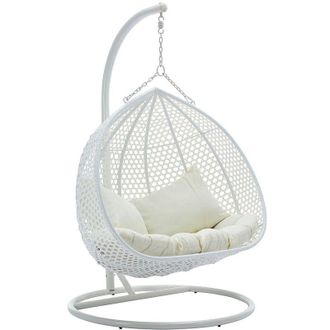 Vente-Unique Fauteuil suspendu 2 places en r&eacute;sine tress&eacute;e - Blanc et coussin beige - VAHINA de MYLIA