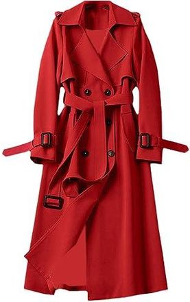 Generic New Windbreaker Manteau coupe-vent mi-long à double boutonnage pour femme, Rouge, M