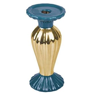 Villa D'Este Home Tivoli Kerzenständer Gold und Blaugrün aus Keramik h. 21 cm, Xmas