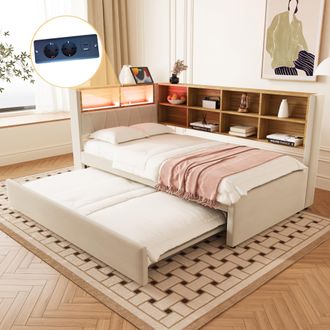 Merax Schlafsofa 90x200 cm, mit Ausziehbett 90x190 cm, LED-Leuchten, Steckdosen & USB/Type-C-Anschl&uuml;ssen, Polsterbett mit viel Stauraum & Ablagef&auml;chern, Fla