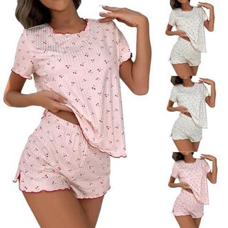 Generic Pyjama court pour femme, ensemble de pyjama dété mignon à manches courtes avec pantalon à taille élastique et haut décontracté confortable coupe ajust