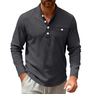 Generic Chemise &agrave; manches longues pour homme avec poche Henley - Col montant - Chemise boutonn&eacute;e d&eacute;contract&eacute;e et respirante - T-shirt de travail uni - Coupe r