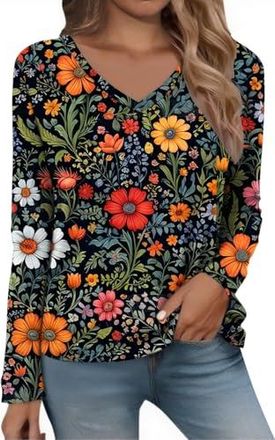 Generic T-shirt à manches longues pour femme avec col en V et imprimé floral vintage, Noir, XL