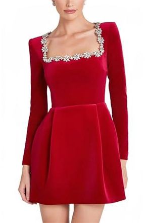 Generic Robe de mari&eacute;e courte en velours et cristal &agrave; col carr&eacute; pour mari&eacute;e, robe de mari&eacute;e courte en velours &agrave; manches longues avec poches, robe en cristal, 