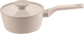 Fackelmann x Pamela Reif Kochtopf mit Stiel - 16 cm, Aus recyceltem Aluminium in Pastell Beige inkl. Glasdeckel, keramische Beschichtung, hitzebest&auml;ndig bis +150