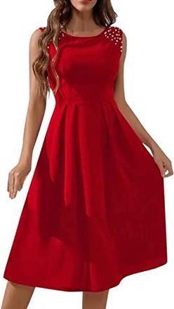 Generic Robe amincissante sans manches pour femme - Couleur unie - Col rond - Perles, Rouge, S