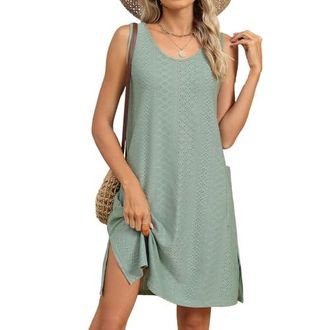 Generic Robe d&eacute;t&eacute; l&eacute;g&egrave;re pour femme - Robe courte - Sans manches - Col rond - Longueur genou - Robe de plage d&eacute;contract&eacute;e avec poches - Robe d&eacute;bardeur d&eacute;contr