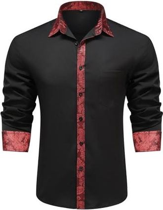 AlltheMen Chemise Boutonnée Homme à Manches Longues Chemise décontractée pour Le Travail Coupe régulière Fête de Mariage Noir+Rouge 3XL